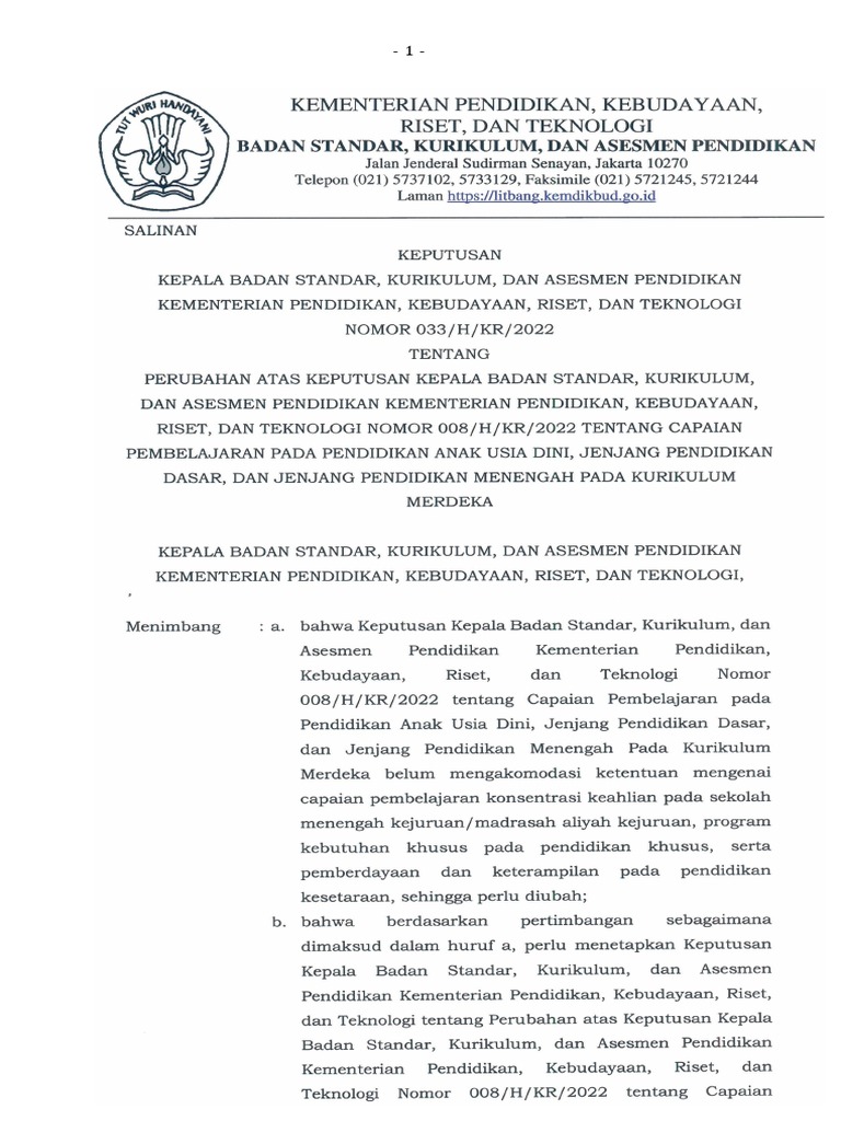 Salinan SK Kabadan Tentang Perubahan SK 008 Tentang Capaian Pembelajaran 2022 EDITAN SMK KRIAN 2 ...
