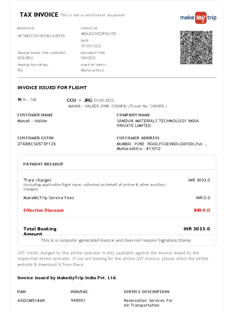 Tax Invoice: Invoice Issued For Flight | Download Free PDF | Invoice ...