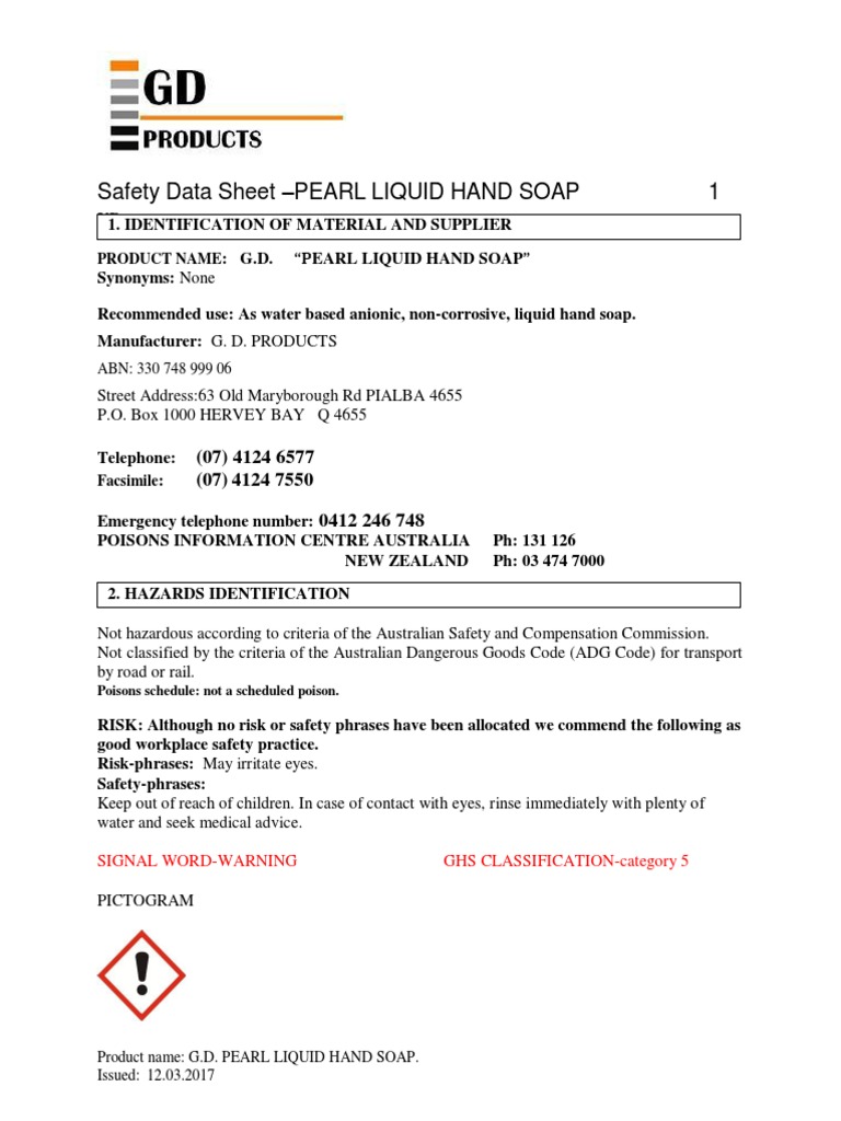 Safety Data Sheet - Pearl Liquid Hand Soap 1 | PDF | Dangerous Goods ... Safety Data Sheet - Pearl Liquid Hand Soap 1 | PDF | Dangerous Goods ...