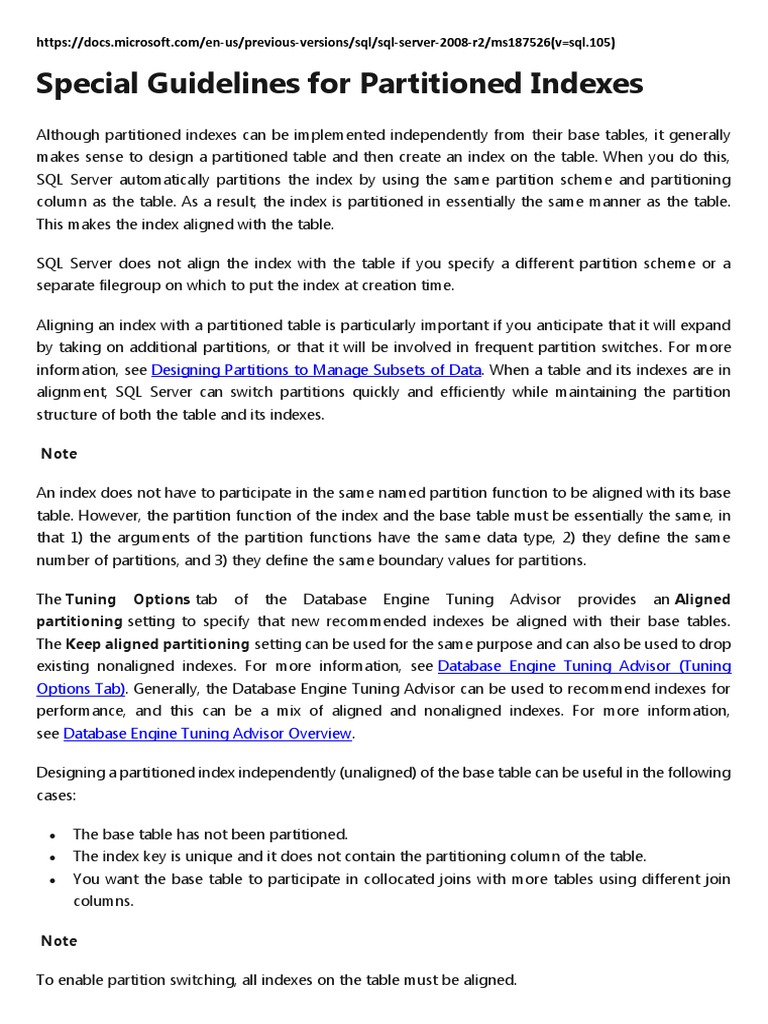 Microsoft - Special Guidelines for Partitioned Indexes | PDF | Database Index | Table (Database)