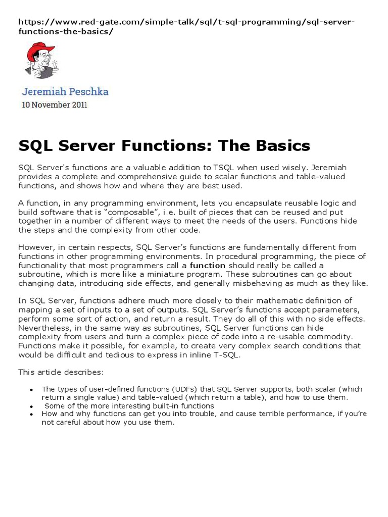 SQL Server Functions The Basicsss | Download Free PDF | Subroutine ...