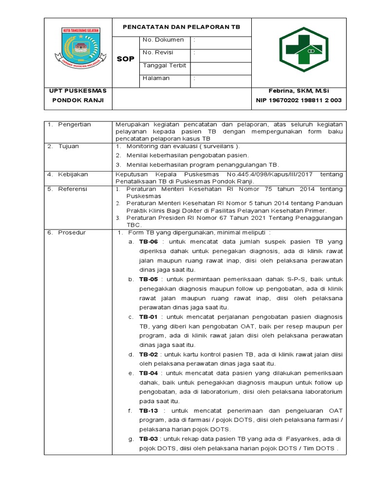 Sop Pencatatan Dan Pelaporan TB | PDF