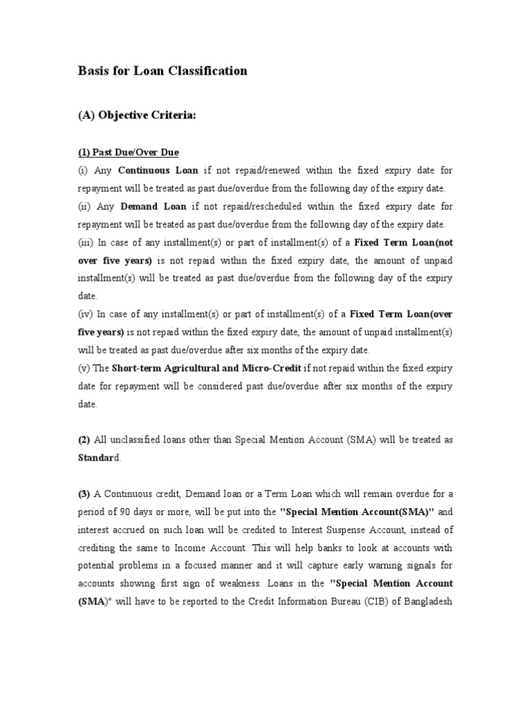Basis For Loan Classification: (A) Objective Criteria | PDF | Loans ...