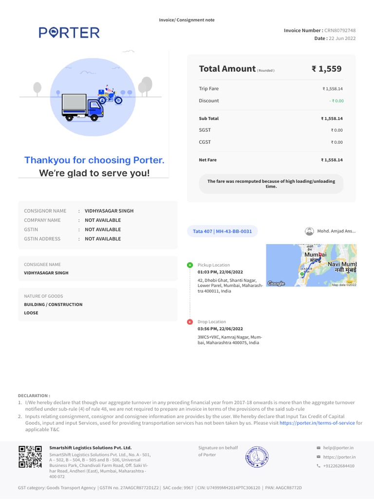 Invoice for transportation services provided by Porter Logistics | PDF