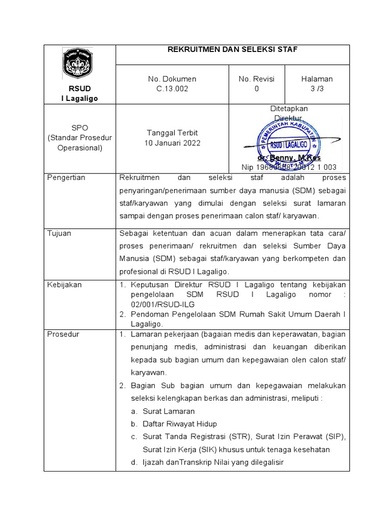 REKRUITMEN DAN SELEKSI STAF RSUD I LAGALIGO | PDF