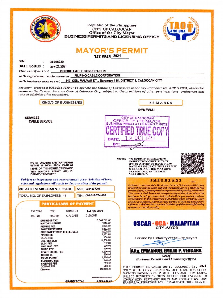 Pilpino Cable Corp - 2021 Permit CTC | PDF