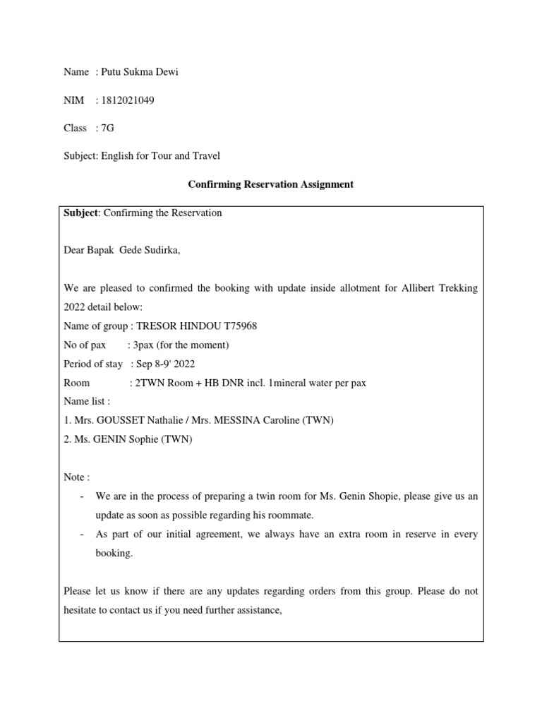 Putu Sukma Dewi - Confirming Reservation | PDF