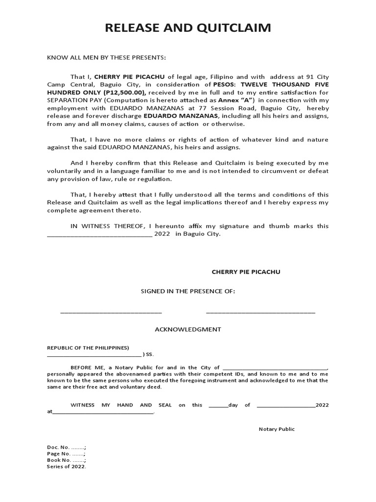 Release and Quitclaim template | PDF | Notary Public | Civil Law (Legal ...