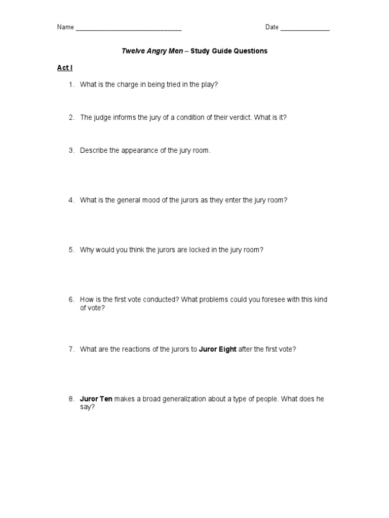 Twelve Angry Men Act I Study Guide | PDF | Criminal Law | Public Law