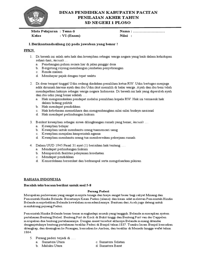 Soal PAT Kelas 6 Tema 6 Dapodikdasmen - Info | PDF