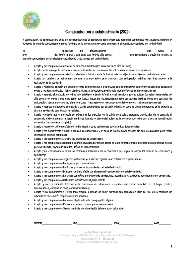 Compromiso Apoderado Talita | PDF | Educación de la primera infancia | Ropa