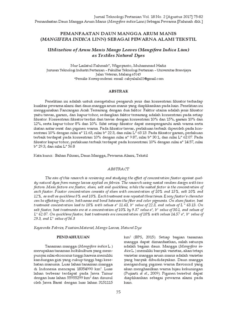Pemanfaatan Daun Mangga Arum Manis (Mangifera Indica Linn) Sebagai Pewarna Alami Tekstil | PDF