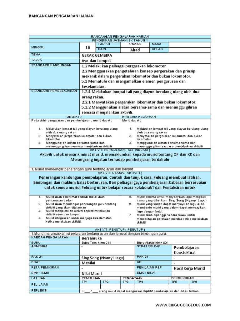 RPH Minggu 16 PJ THN 1 by Cikgu Gorgeous | PDF