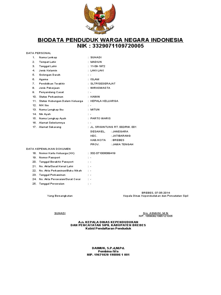 Biodata Penduduk Warga Negara Indonesia | PDF