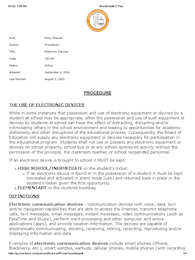 Scranton School District Electronic Device Policy | PDF ...