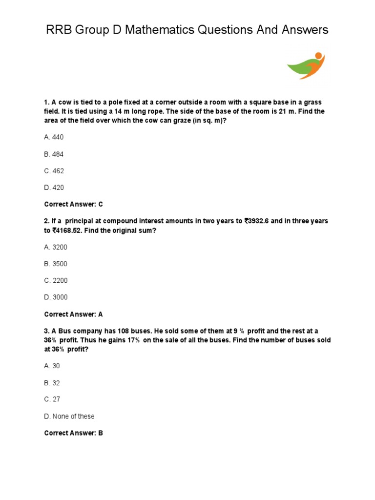 RRB Group D Mathematics Questions and Answers | PDF | Odds | Area