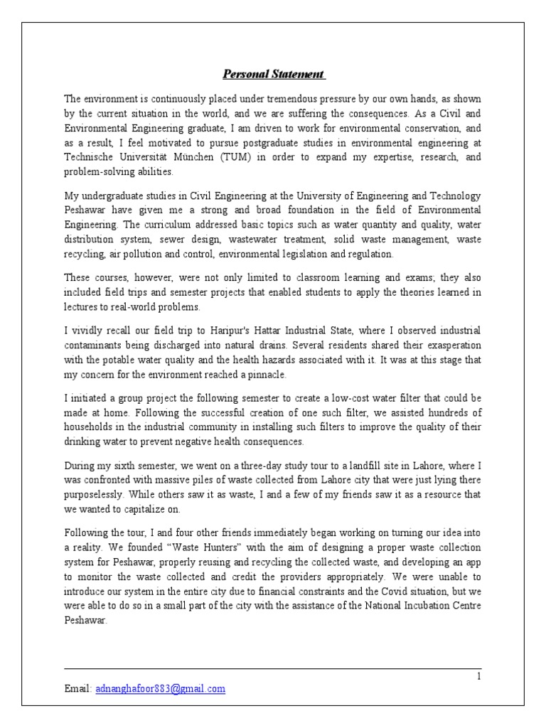 Personal Statement | PDF | Environmental Engineering | Water