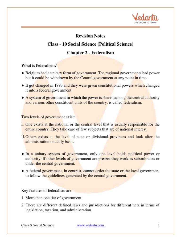 CBSE Class 10 Political Science (Civics) Chapter 2 Notes - Federalism ...