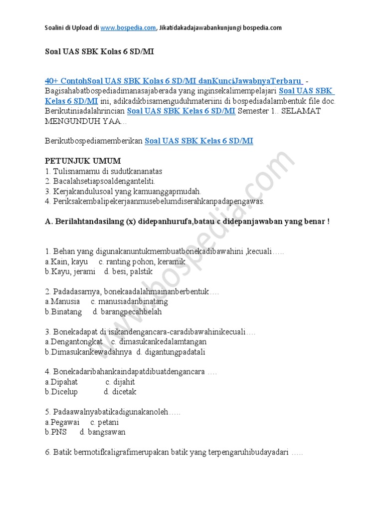 40+ Contoh Soal UAS SBK Kelas 6 SD MI Dan Kunci Jawabnya | PDF