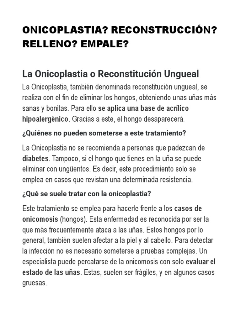 Onicoplastia | PDF | Clavo (anatomía) | Medicina