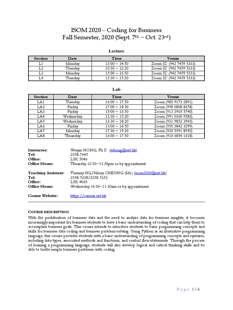 ISOM 2020 Syllabus | PDF | Teaching Method | Computer Programming