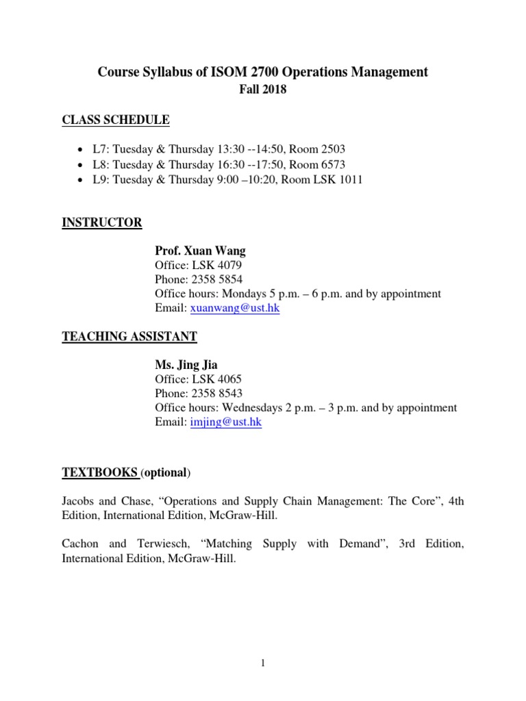 Course Syllabus of ISOM 2700 Operations Management: Fall 2018 Class Schedule | PDF | Teaching ...