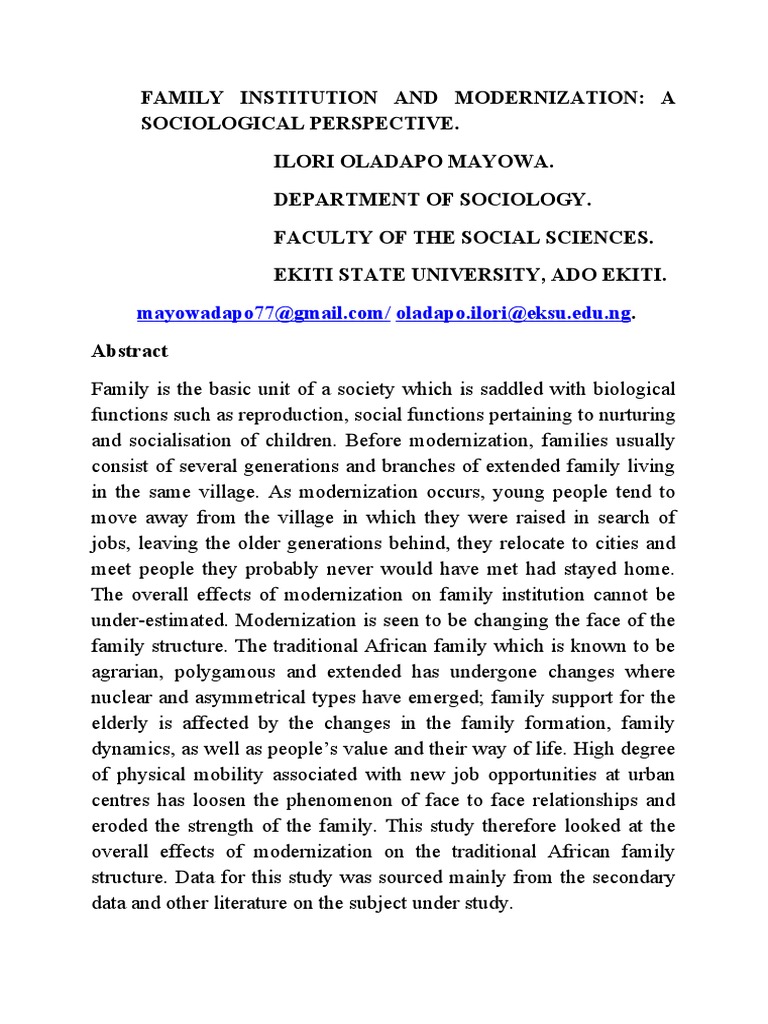 Family Institution and Modernization: A Sociological Perspective. Ilori ...