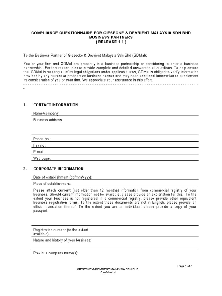 Compliance Questionnaire GDMal April 2011 v.1 | PDF | Partnership | Bribery