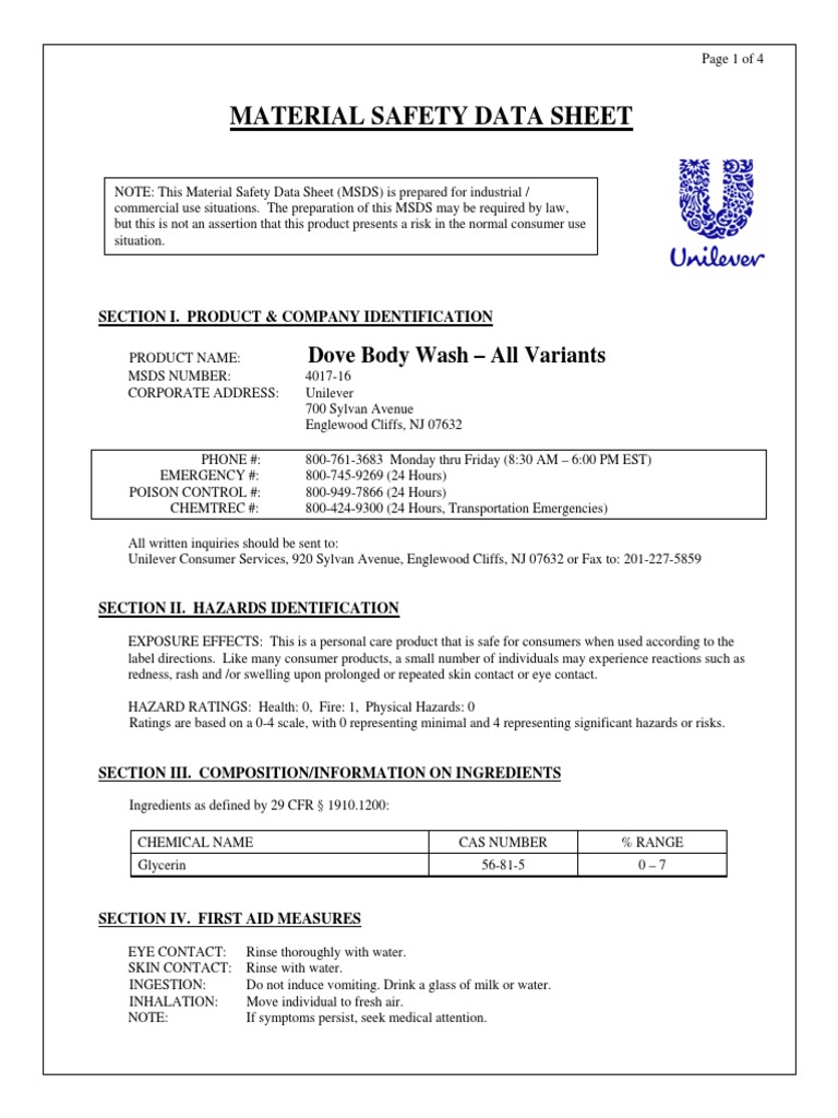 Material Safety Data Sheet: Dove Body Wash - All Variants | Download ...
