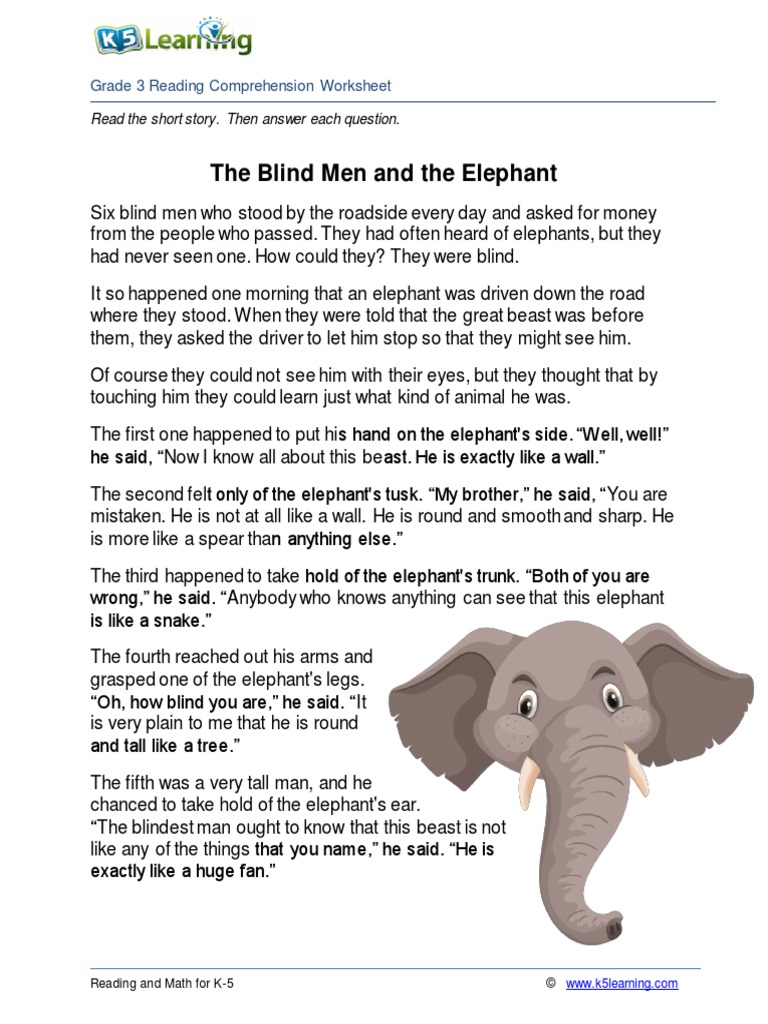 The Blind Men and The Elephant: Grade 3 Reading Comprehension Worksheet ...