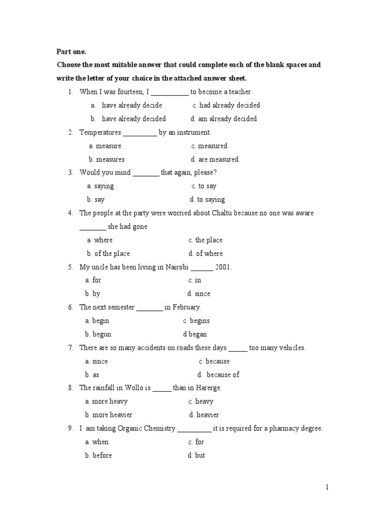Part One Choose The Most Suitable Answer That Could Complete Each Of