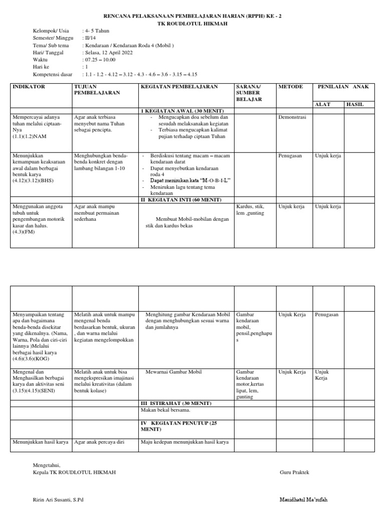 Contoh RPPH Kognitif PAUD Mobil | PDF