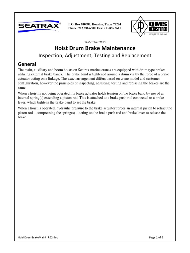 Hoist Drum Brake Maintenance Guide | PDF | Brake | Actuator