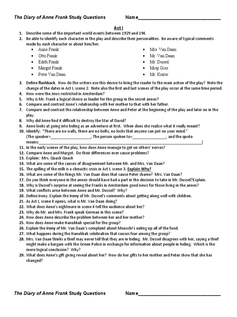Anne Frank Play Study Questions NEW | PDF | Anne Frank
