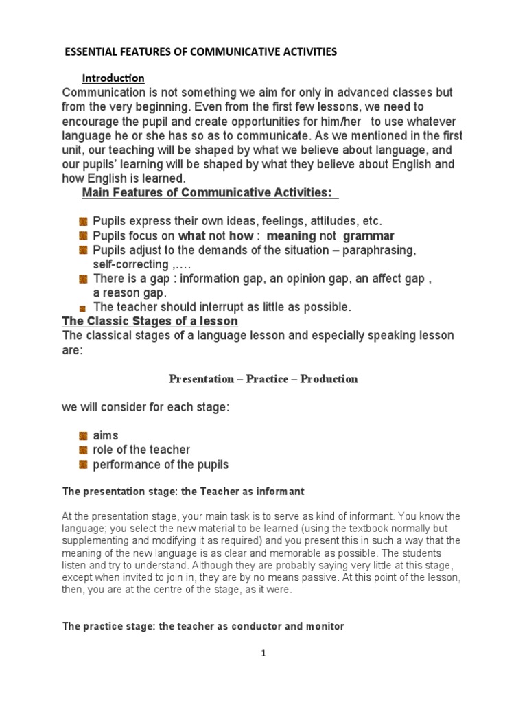 1 - Essential Features of Communicative Activities | PDF | Teachers ...