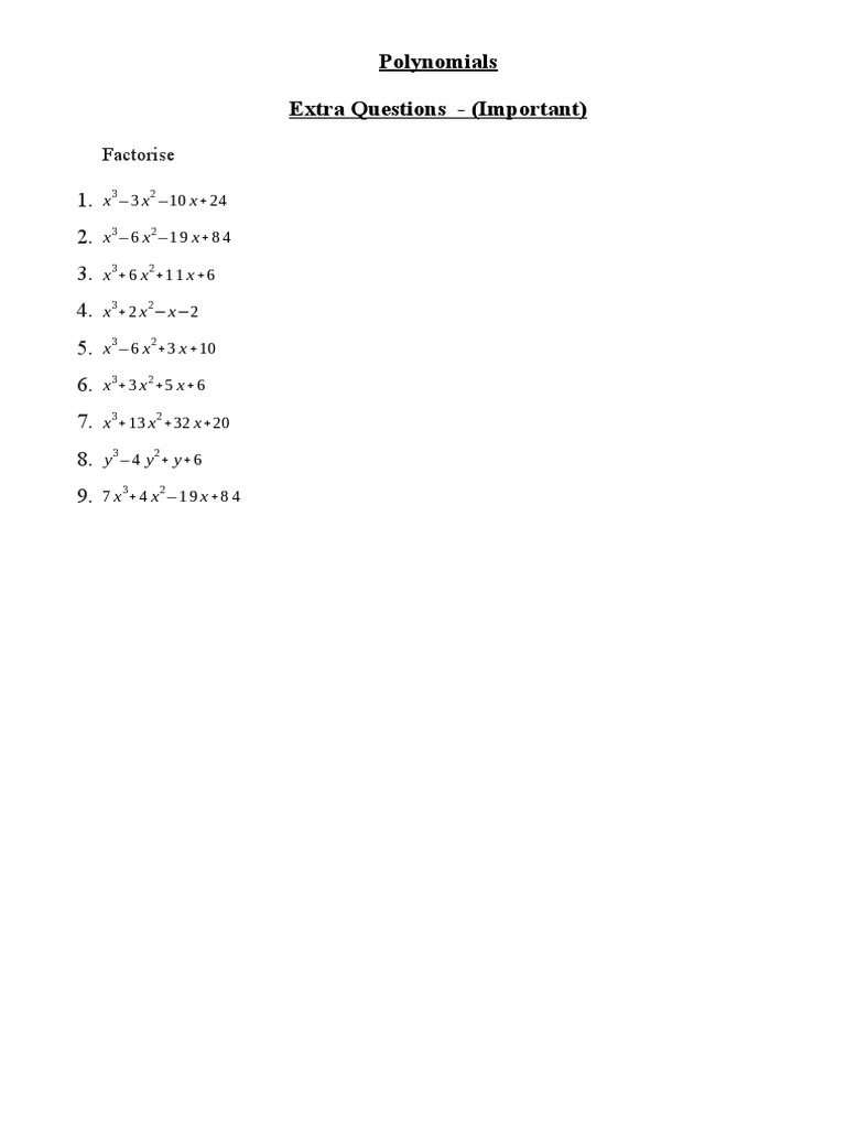 Class 9 Polynomial Factorisation Questions | PDF