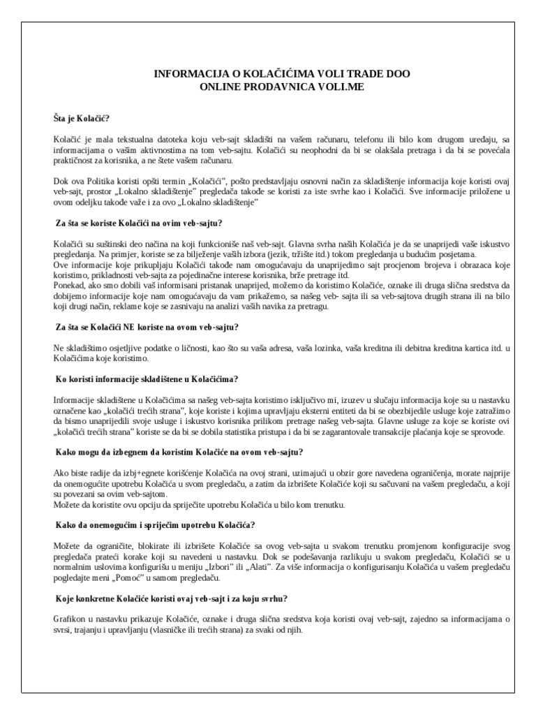 Informacije o Kolacicima - Voli Trade Doo | PDF