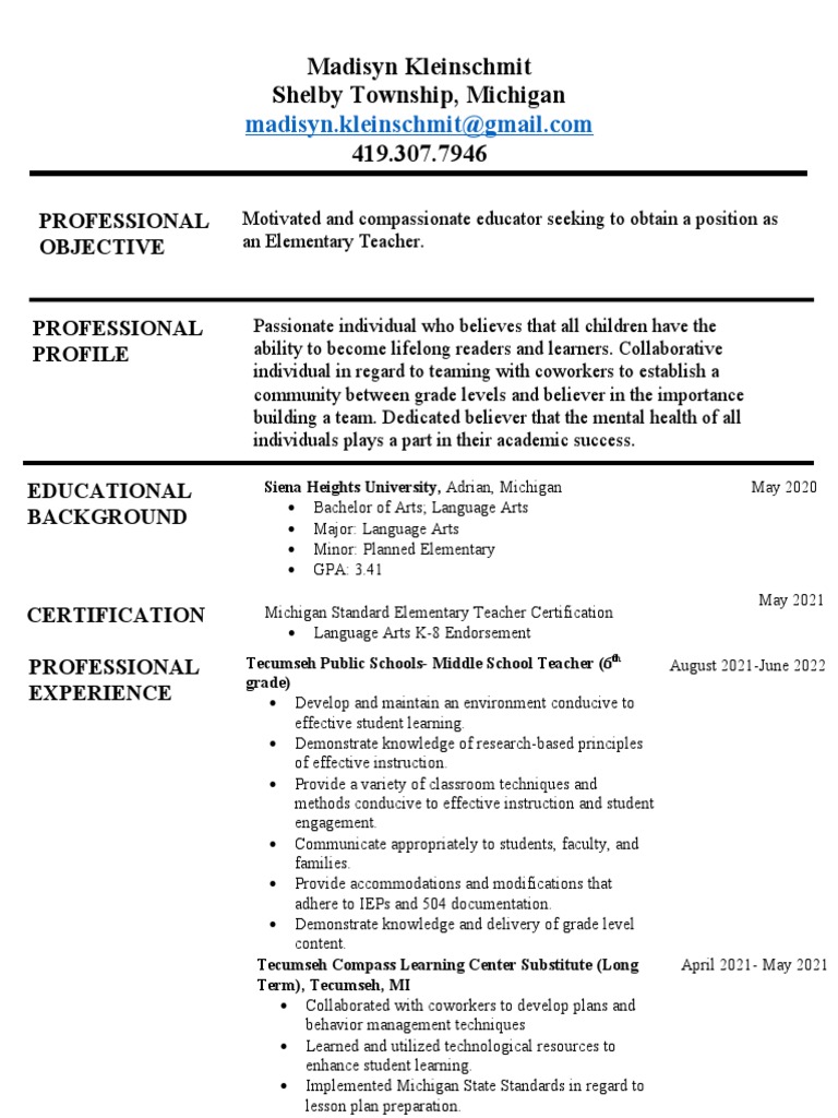 Madisyn Kleinschmit Resume | PDF | Teachers | Learning