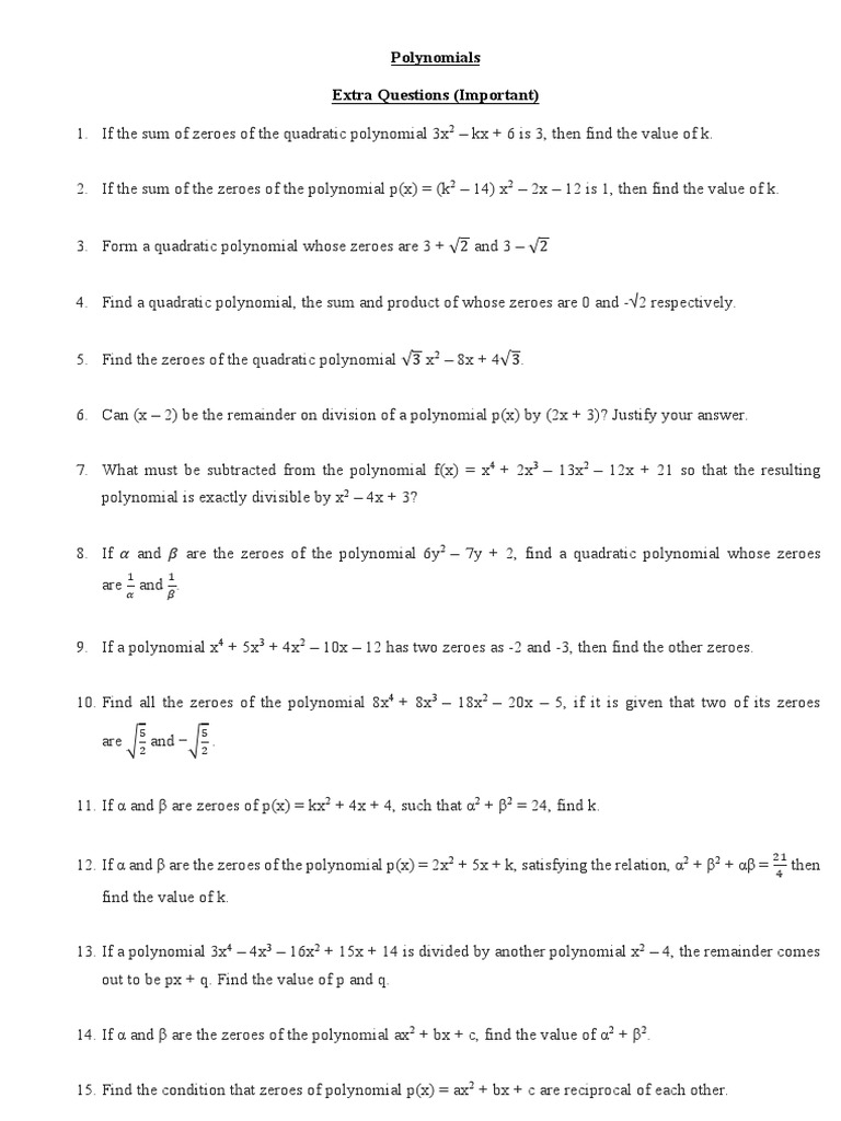 Polynomials Extra Questions (Important) | PDF | Polynomial | Quadratic Equation