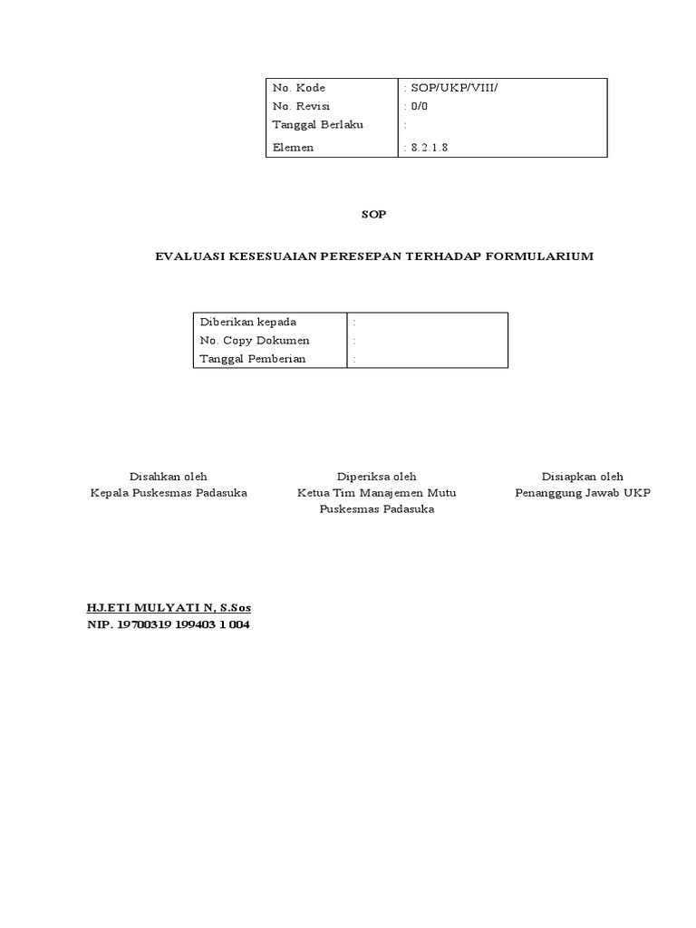 8.2.1.8 Sop Evaluasi Kesesuaian Peresepan DNG Formularium | PDF