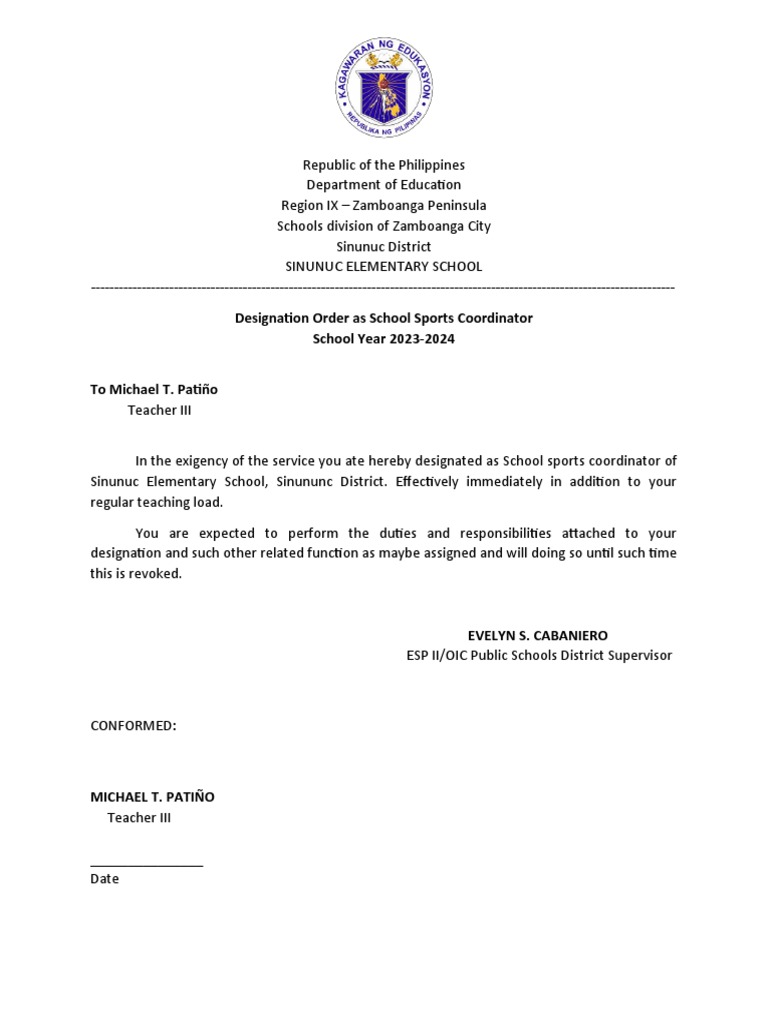 Designation Letter Sample Deped | PDF