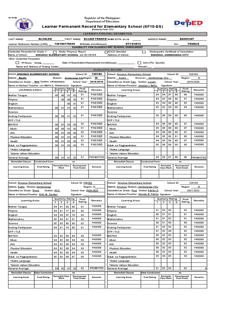 Learner Permanent Record For Elementary School (SF10-ES) | PDF ...