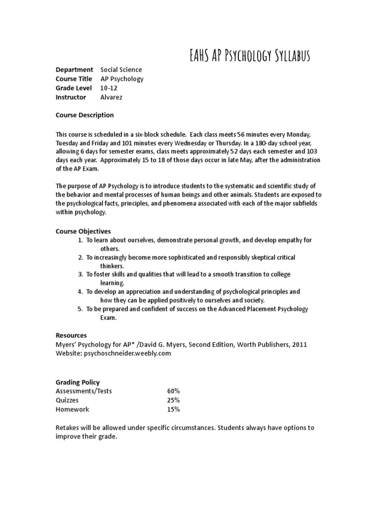 Ap Psych Syllabus 2022-23 | PDF | Psychology | Test (Assessment)