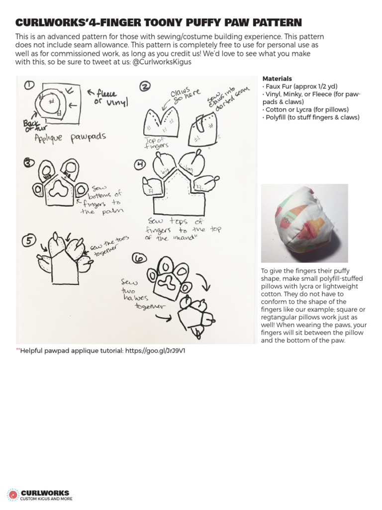 Curlworks'4-Finger Toony Puffy Paw Pattern: Materials | PDF | Textiles ...