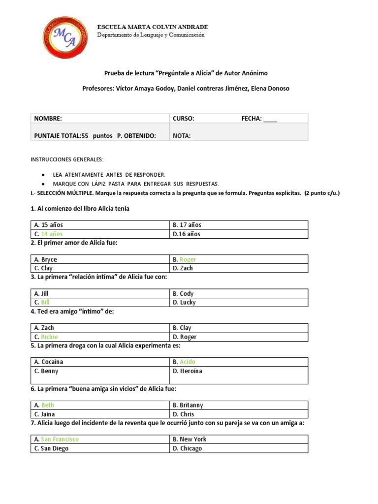 Prueba de Lectura Pregúntale A Alicia (Pauta de Correción) | PDF