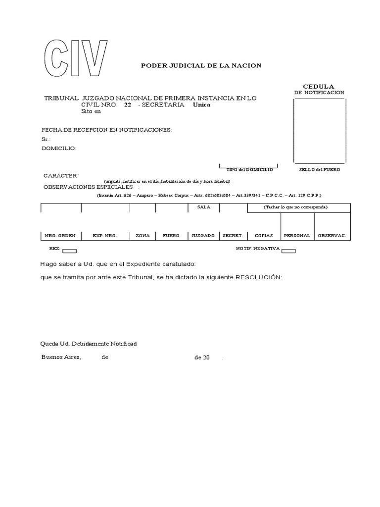 FORM Civil PJN Cedula Notificacion - Archivo Común | PDF | Judicaturas ...