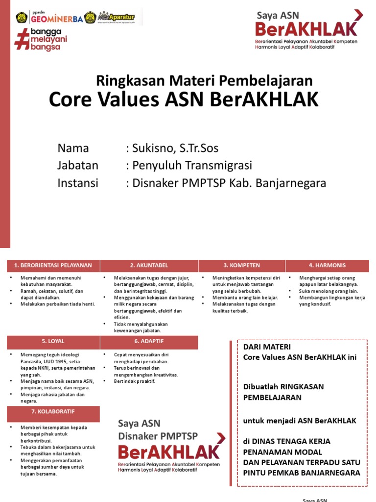 Sukisno - 2 Tugas Ringkasan Pembelajaran Core Value ASN BerAKHLAK | PDF