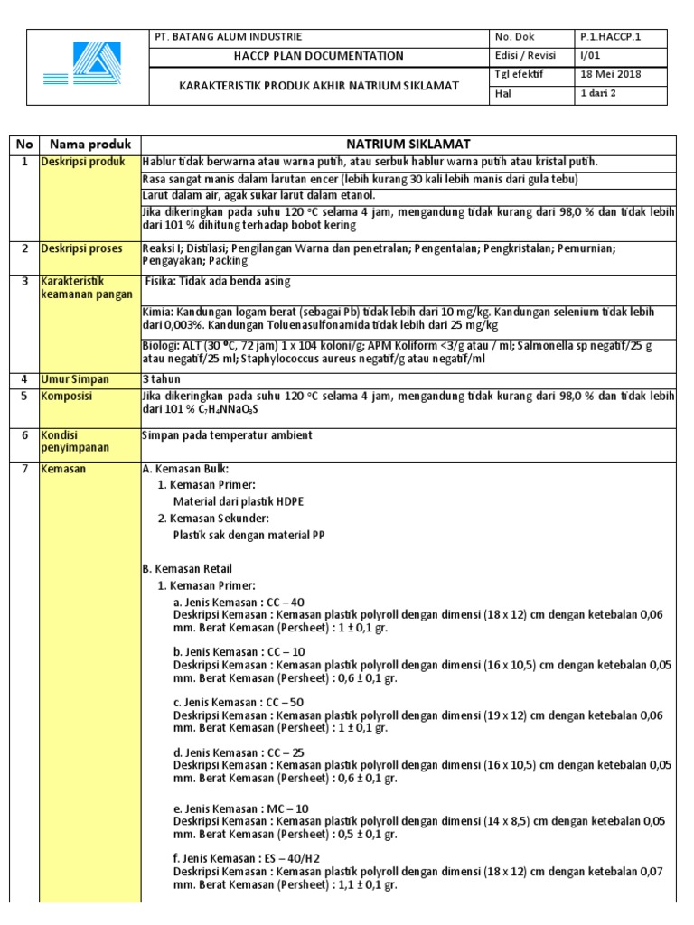 P.1.HACCP.1-2 Karakteristik Produk Akhir BAI Rev ISO 22000 | PDF