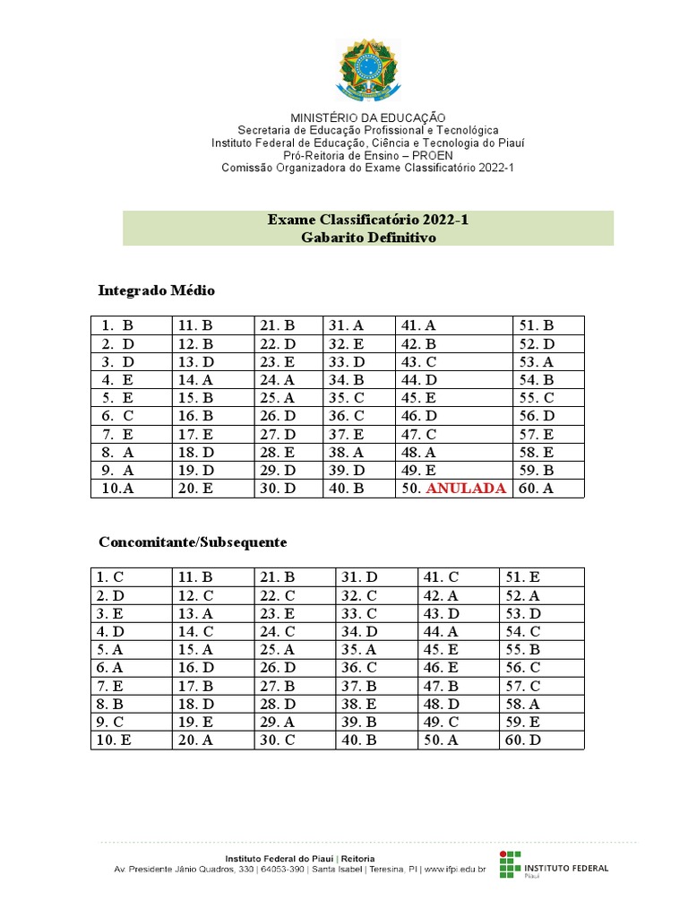 Gabarito Final Exame IFPI 2022-1 | PDF