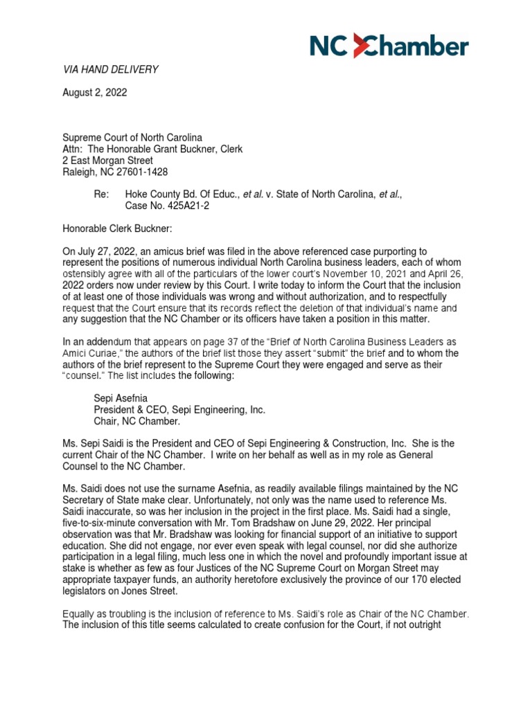 NC Chamber letter challenging Leando amicus brief | PDF | Amicus Curiae ...